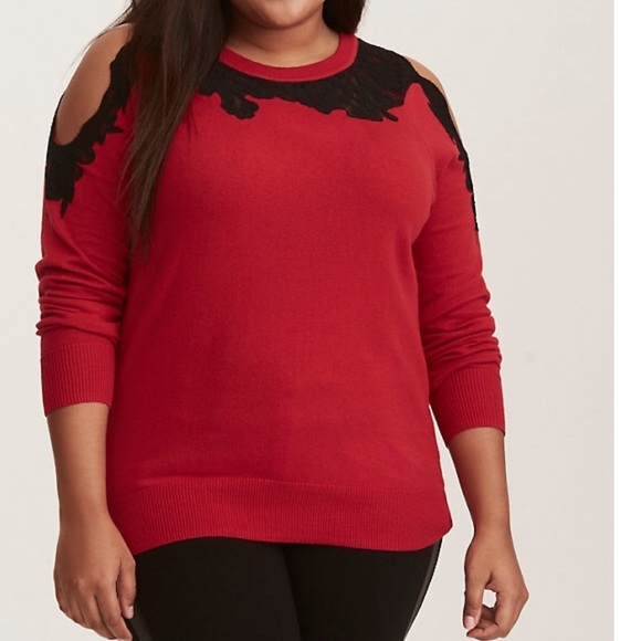 torrid | Sweaters | Torrid Plus Red Knit Black Lace Trim Cold Shoulder ...
